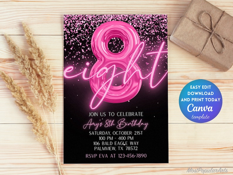 Editable Pink 8th Birthday Invitation Template, Glitter Birthday Party ...