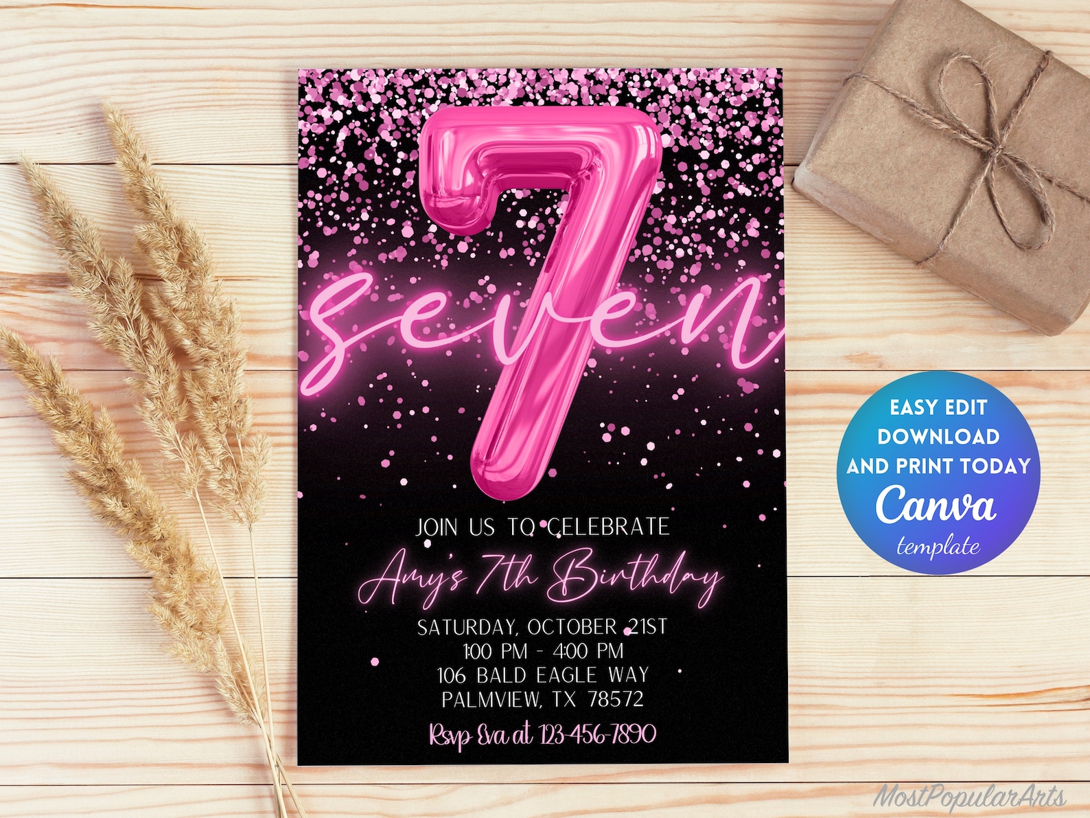 Editable Pink 7th Birthday Invitation Template, Glitter Birthday Party ...