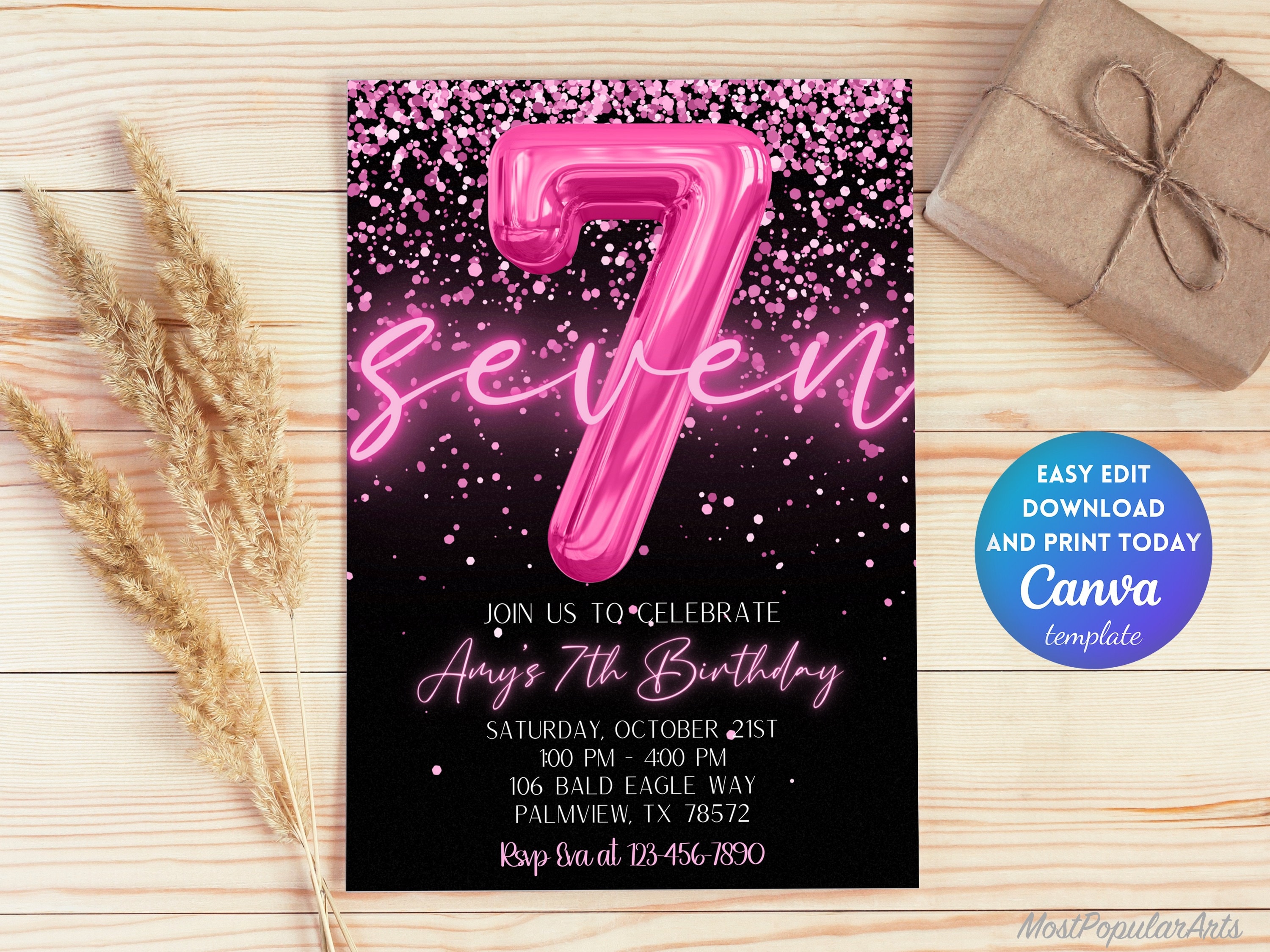 Editable Pink 7th Birthday Invitation Template, Glitter Birthday Party ...