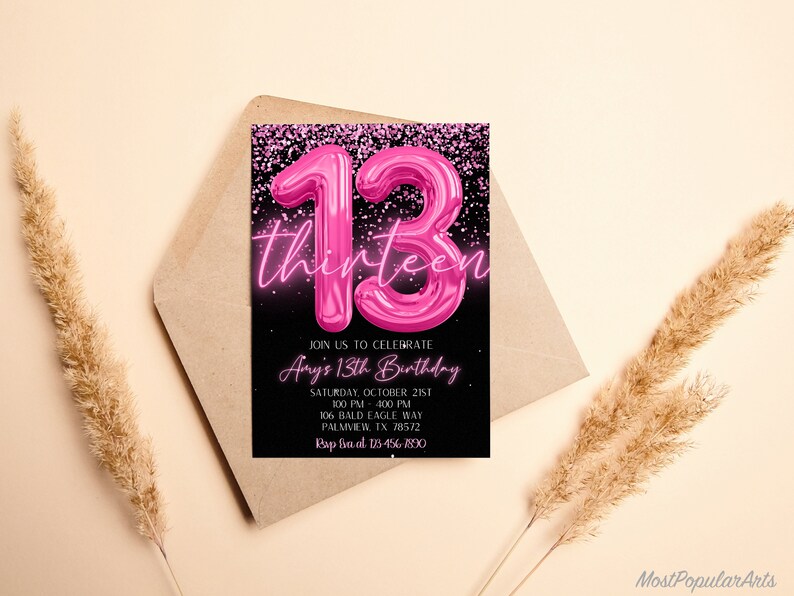 Editable Pink 13th Birthday Invitation Template, Glitter Birthday Party ...