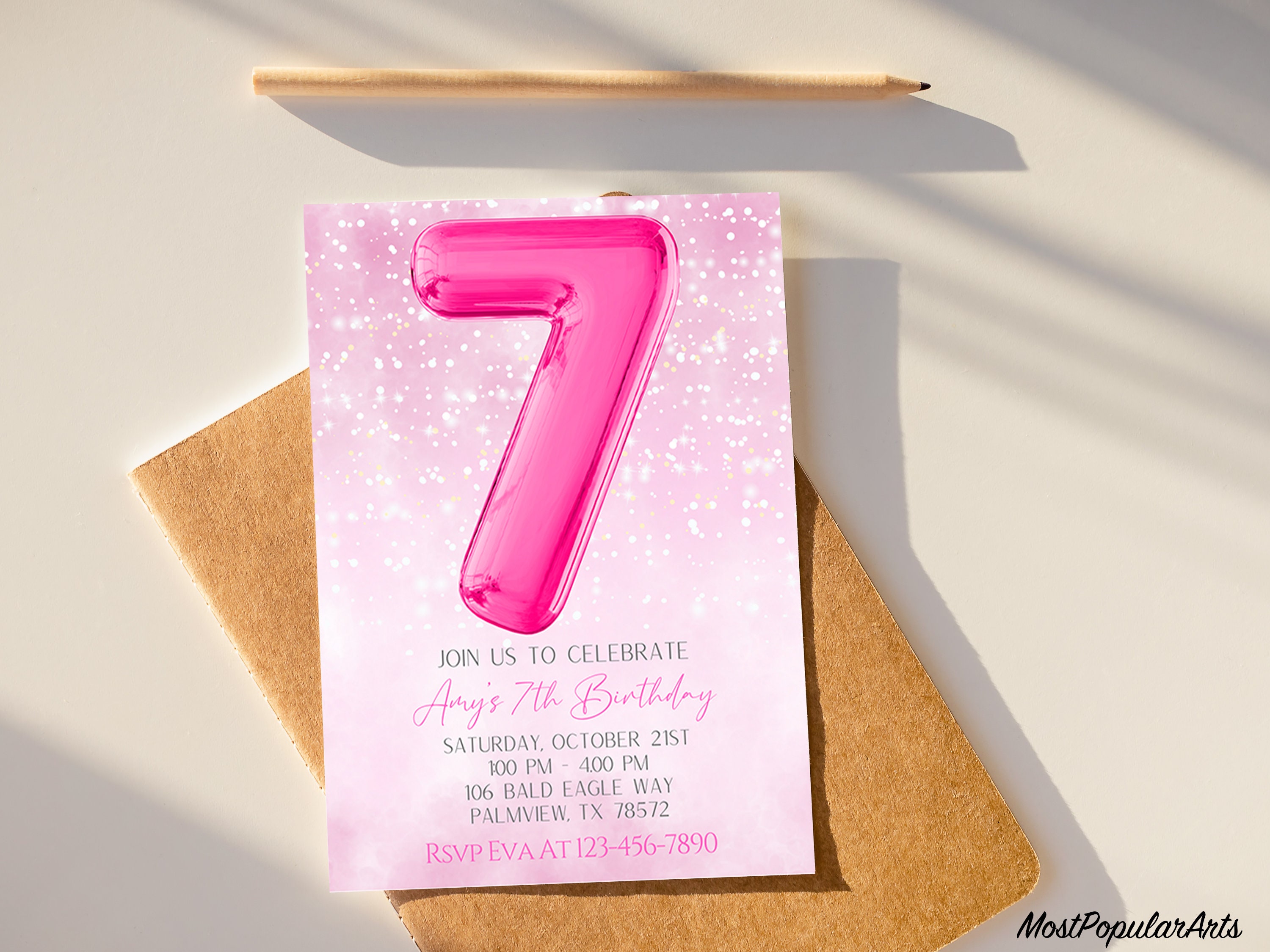 Editable Pink 7th Birthday Invitation Template, Glitter Birthday Party ...