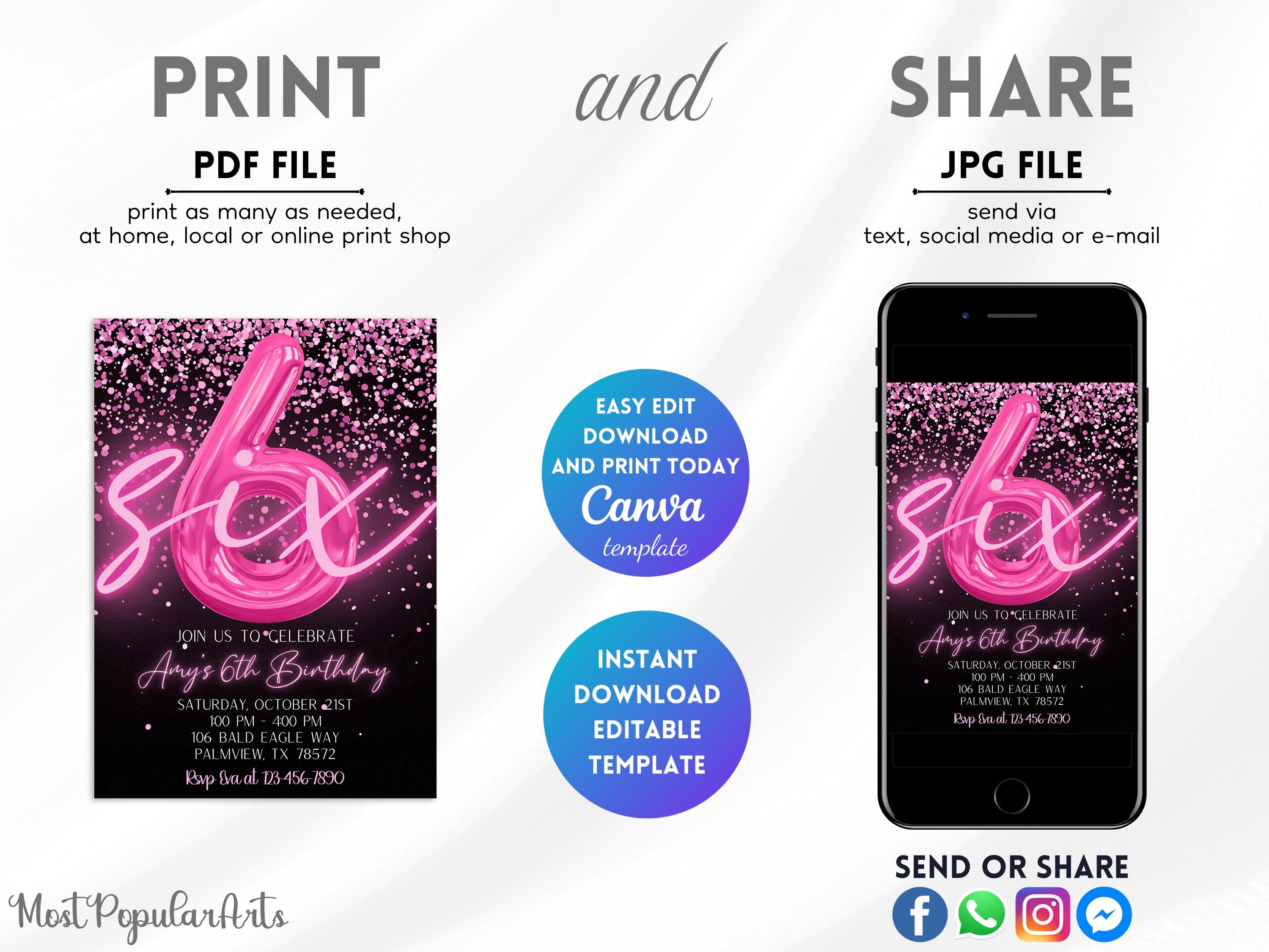 Editable Pink 6th Birthday Invitation Template, Glitter Birthday Party ...