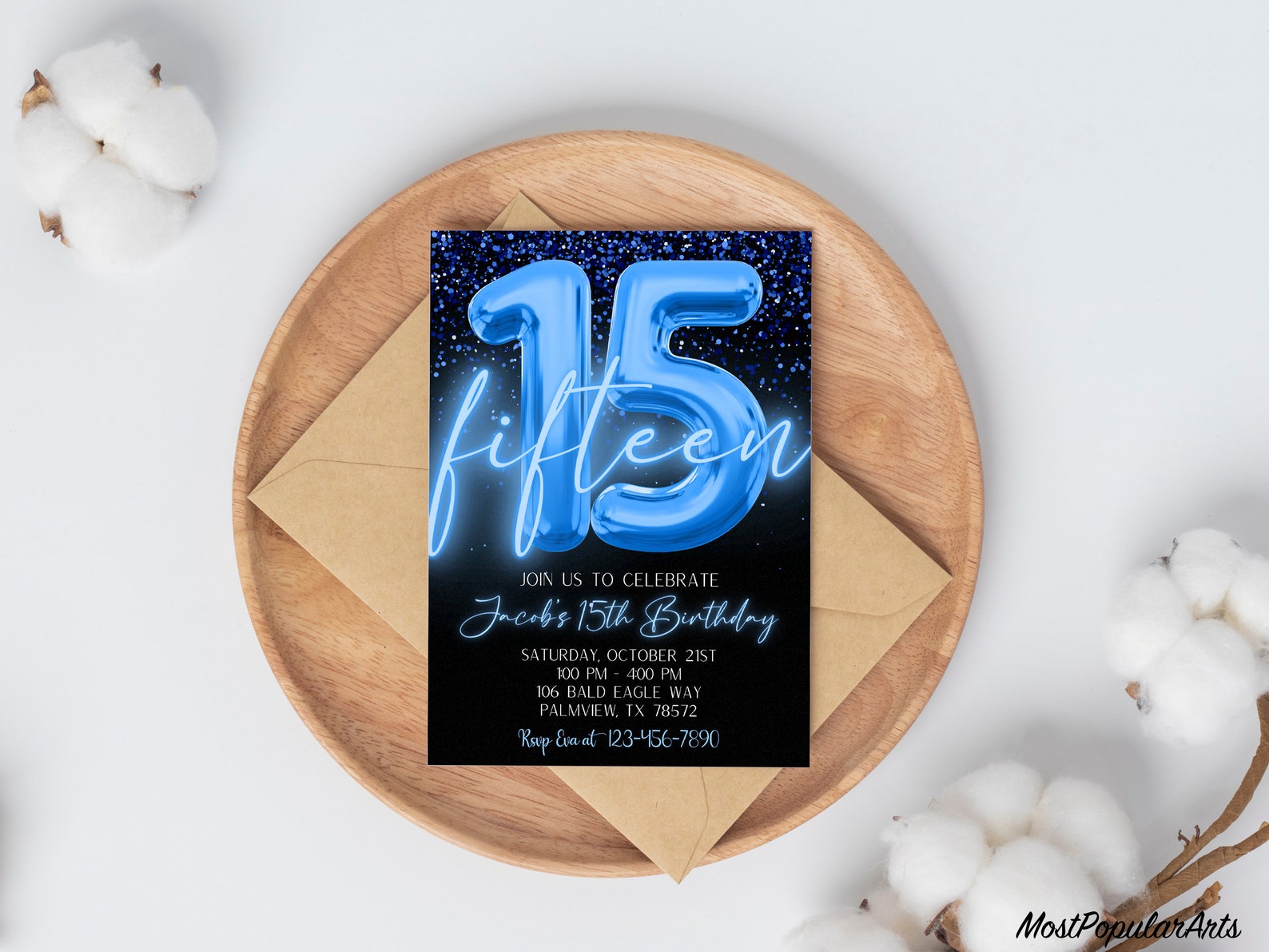 Editable Blue 15th Birthday Invitation Template, Glitter Birthday Party ...