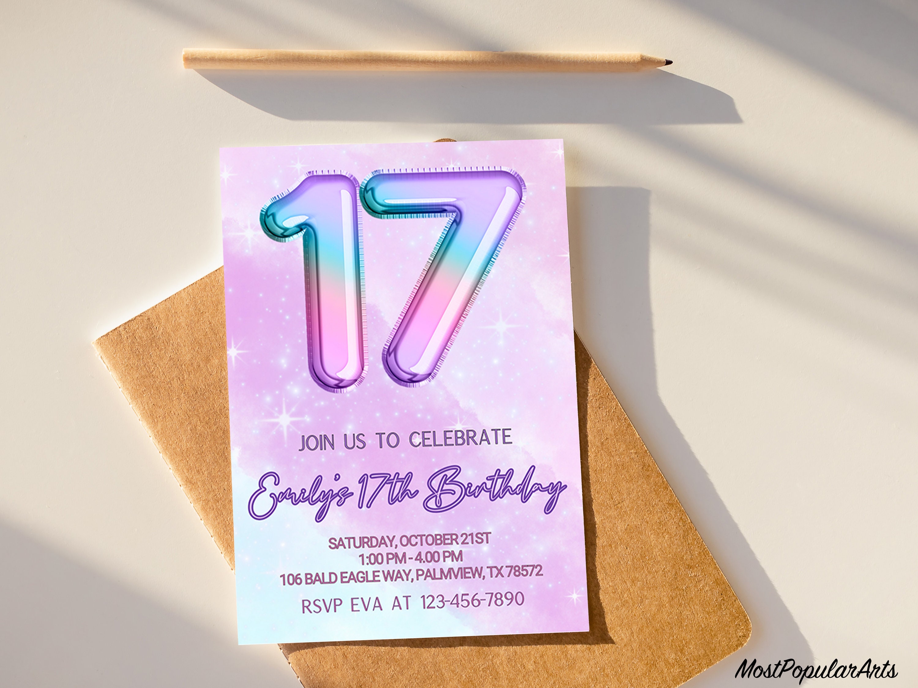 Editable Pink 17th Birthday Invitation Template, Glitter Birthday Party ...