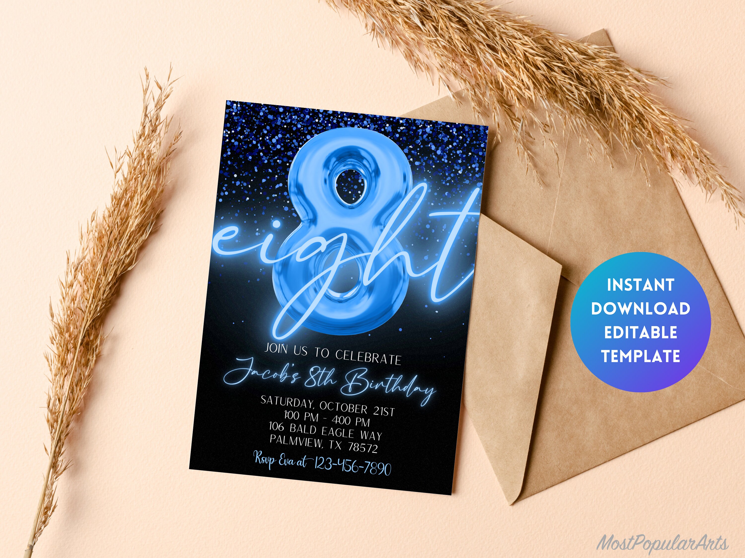 Editable Blue 8th Birthday Invitation Template, Glitter Birthday Party ...