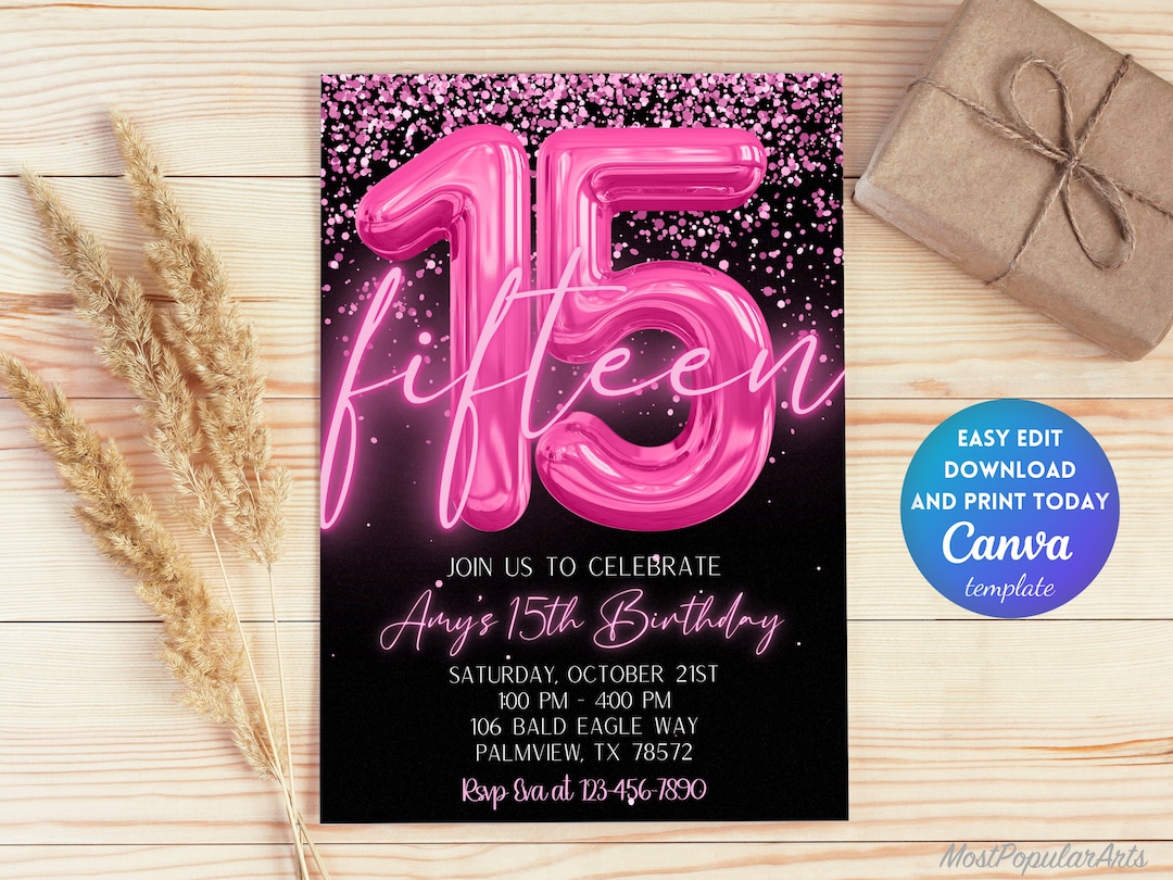 Editable Pink 15th Birthday Invitation Template, Glitter Birthday Party Invite, Rainbow Foil ...