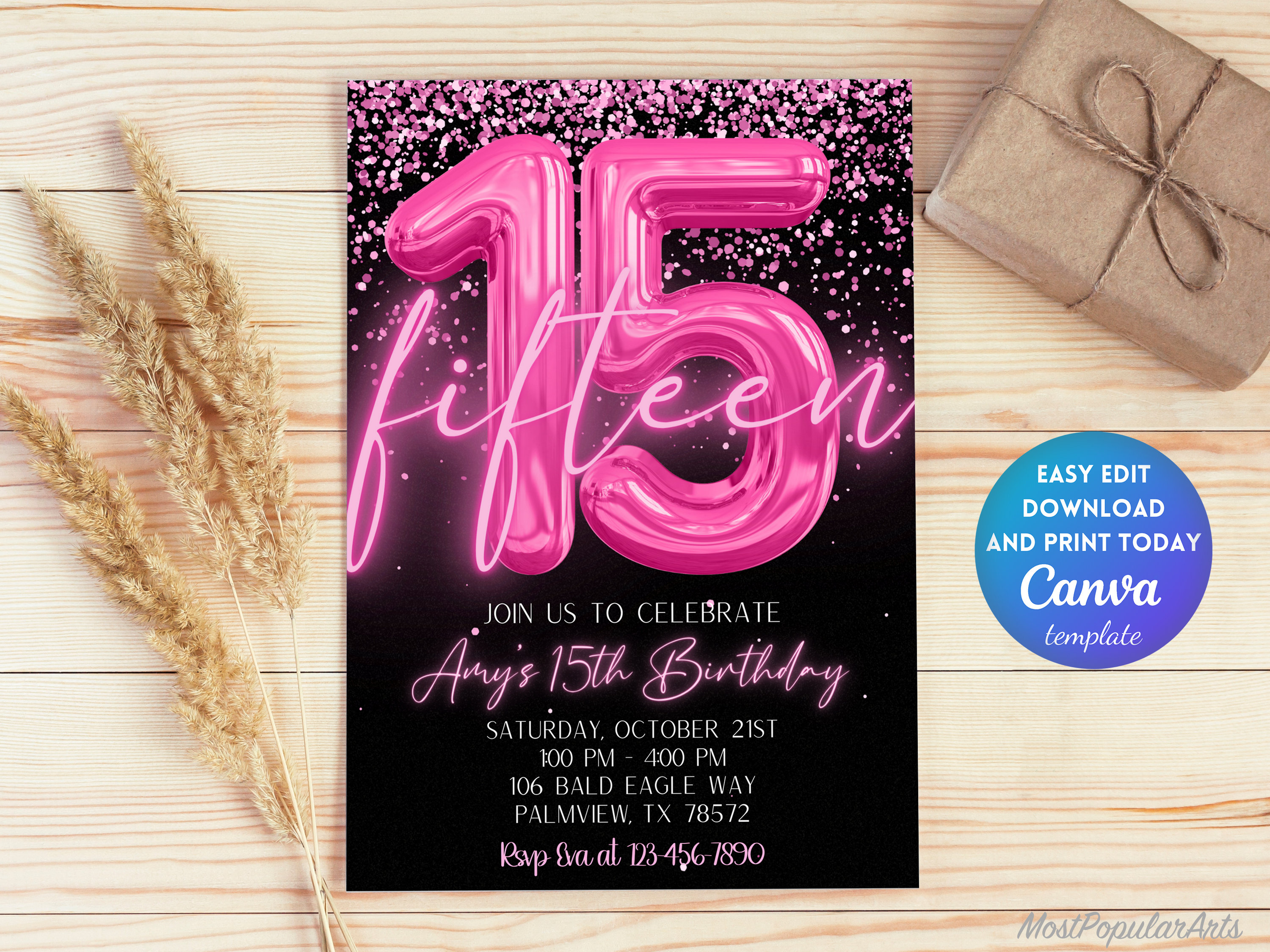 Editable Pink 15th Birthday Invitation Template, Glitter Birthday Party Invite, Rainbow Foil ...