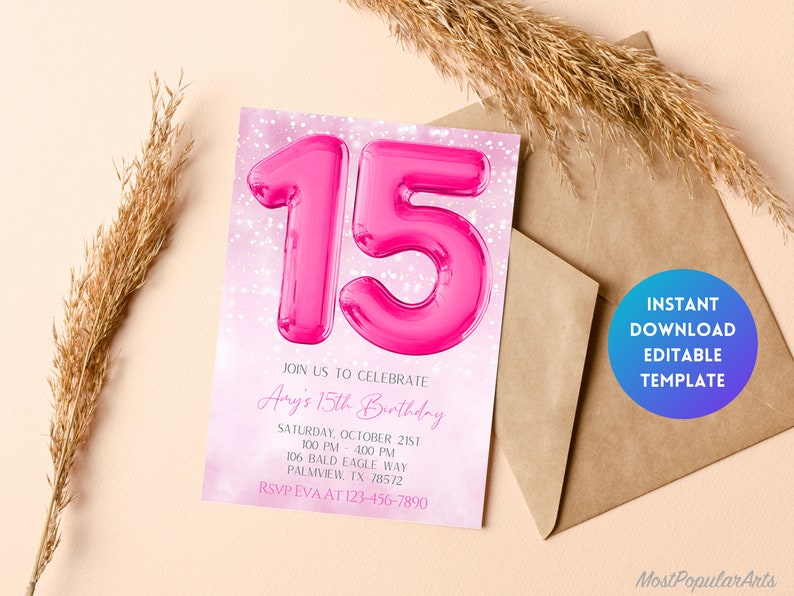 Editable Pink 15th Birthday Invitation Template, Glitter Birthday Party Invite, Rainbow Foil ...