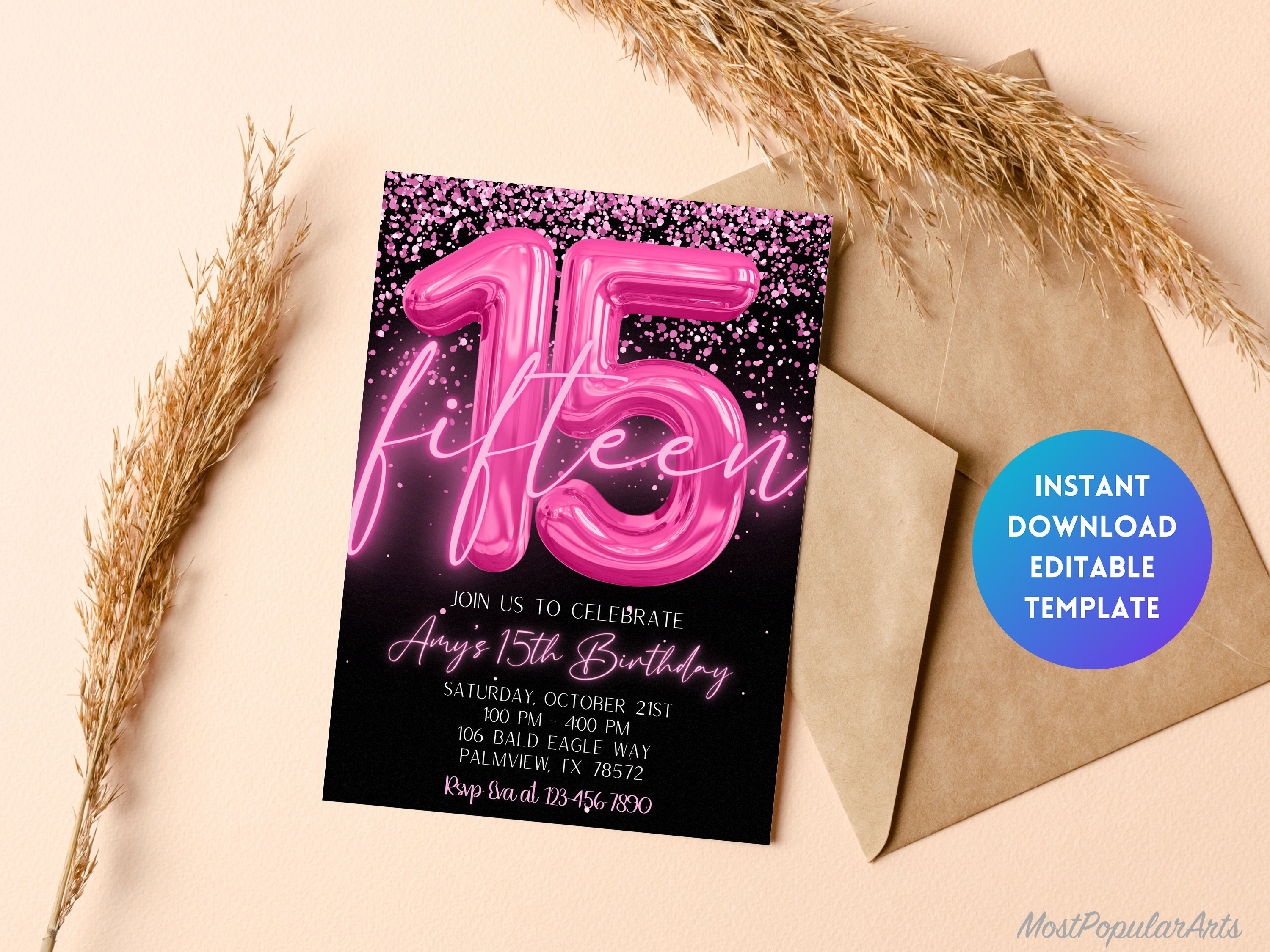 Editable Pink 15th Birthday Invitation Template Glitter - Etsy