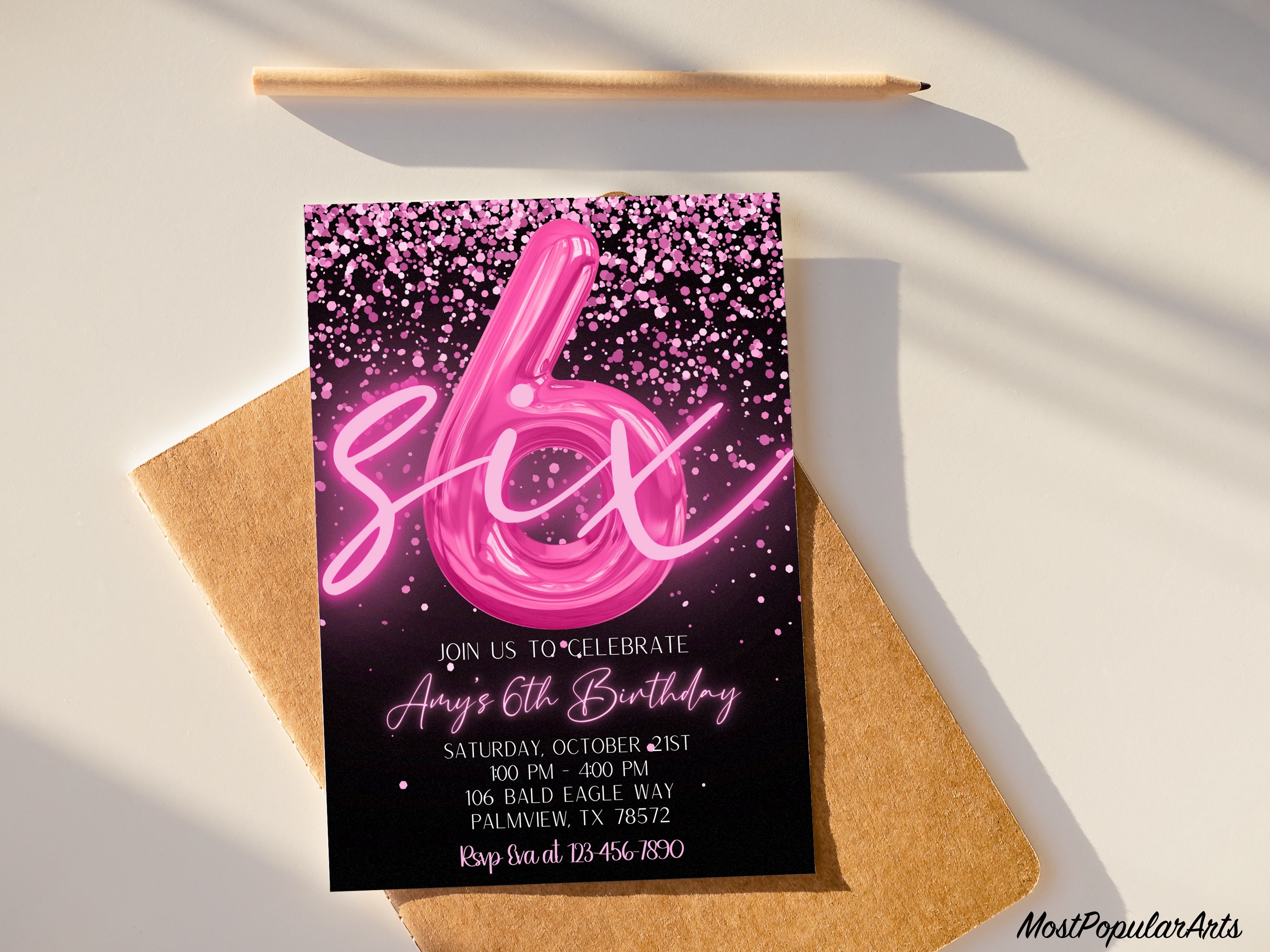 Editable Pink 6th Birthday Invitation Template, Glitter Birthday Party ...