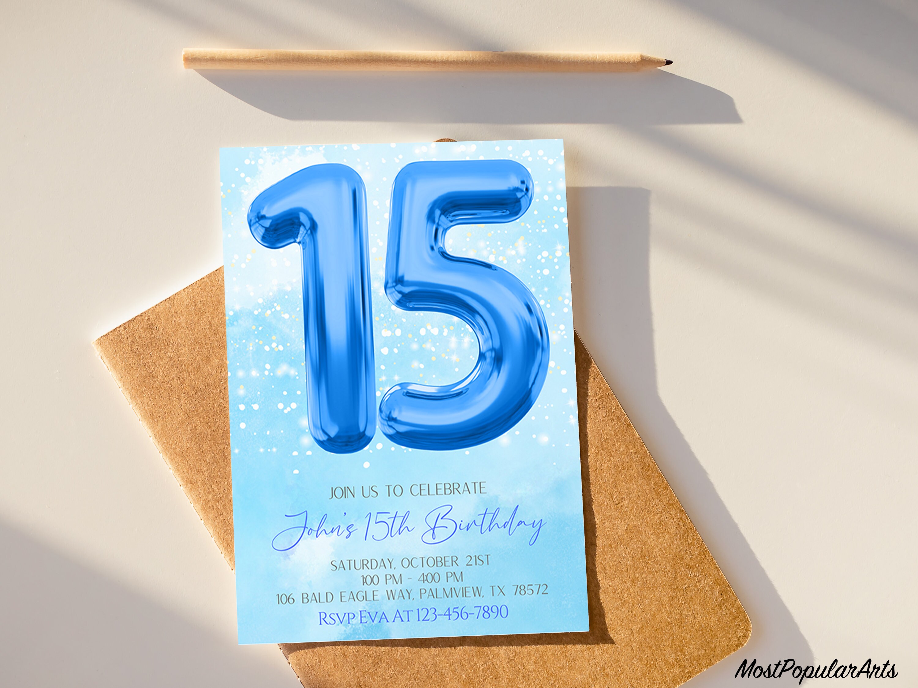 Editable Blue 15th Birthday Invitation Template Glitter - Etsy