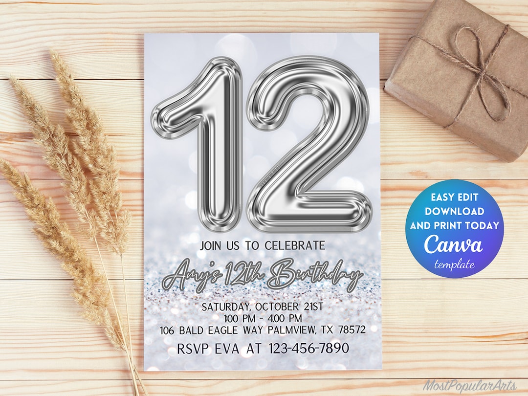 Editable Silver 12th Birthday Invitation Template, Glitter Birthday ...
