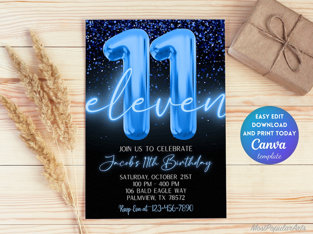 Editable Blue 11th Birthday Invitation Template, Glitter Birthday Party Invite, Boy Foil Boy ...