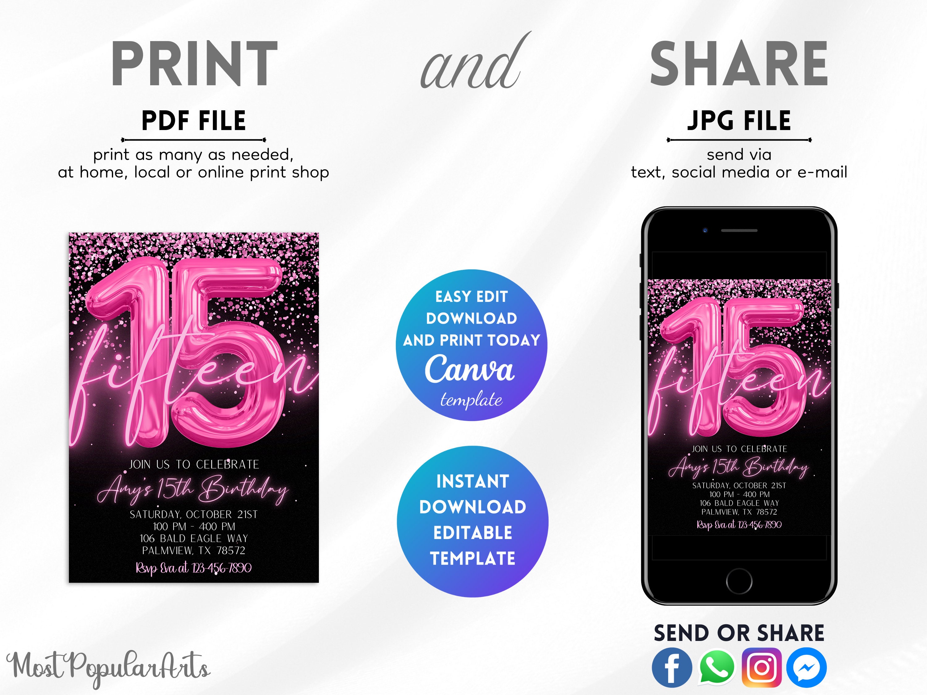 Editable Pink 15th Birthday Invitation Template Glitter - Etsy