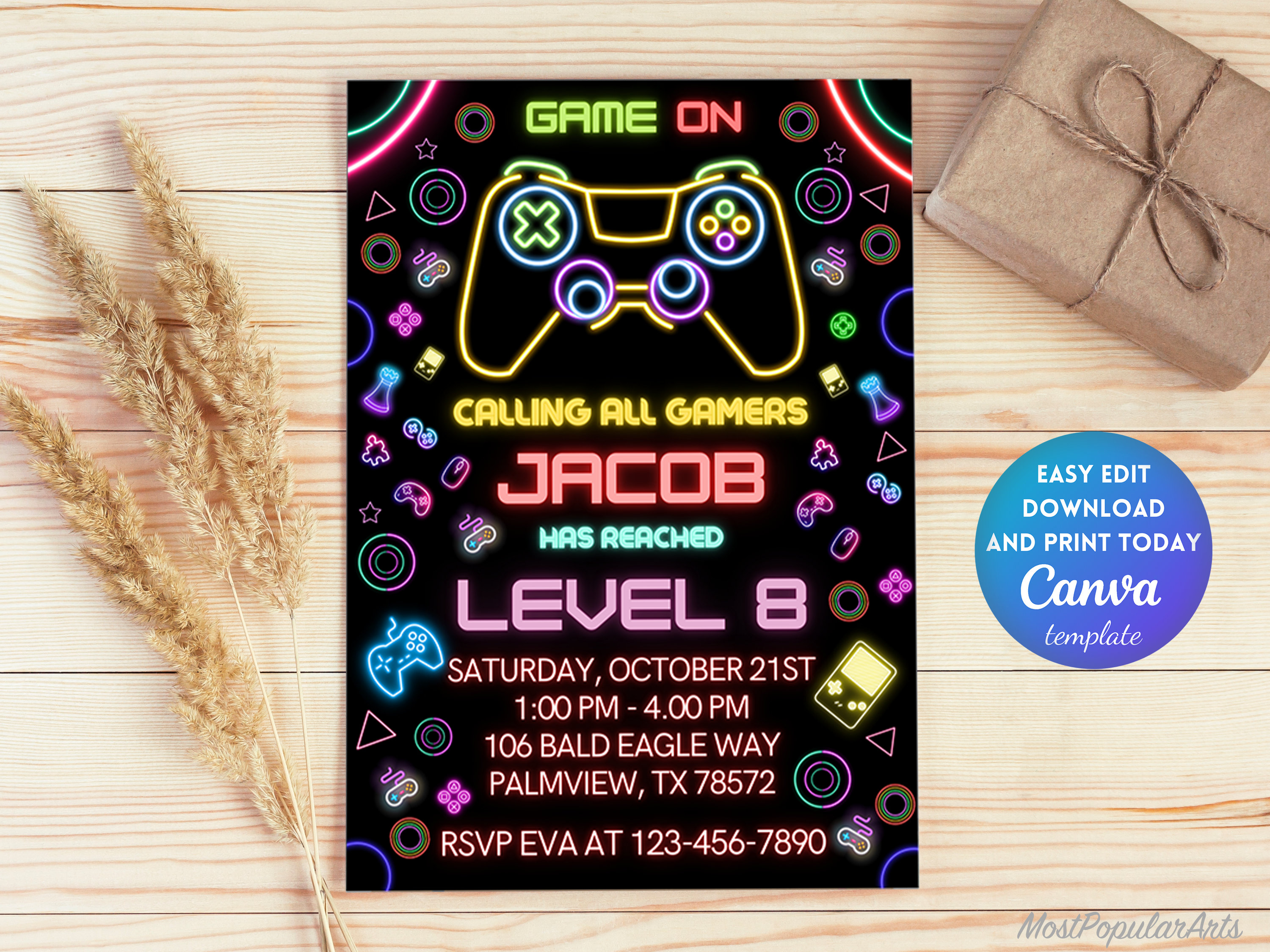 Editable Gamer Birthday Invitation Template, Glitter Birthday Party ...