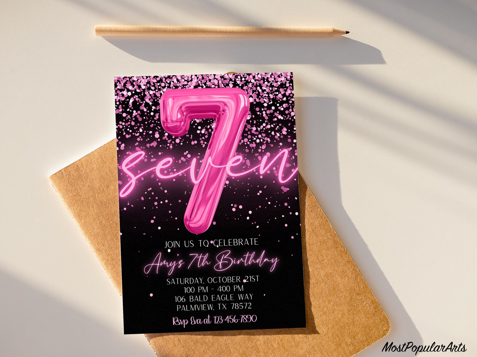 Editable Pink 7th Birthday Invitation Template, Glitter Birthday Party ...