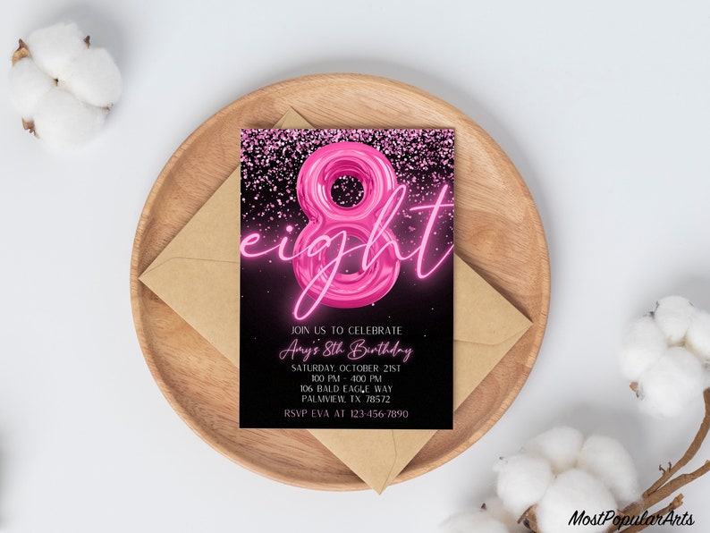 Editable Pink 8th Birthday Invitation Template, Glitter Birthday Party ...