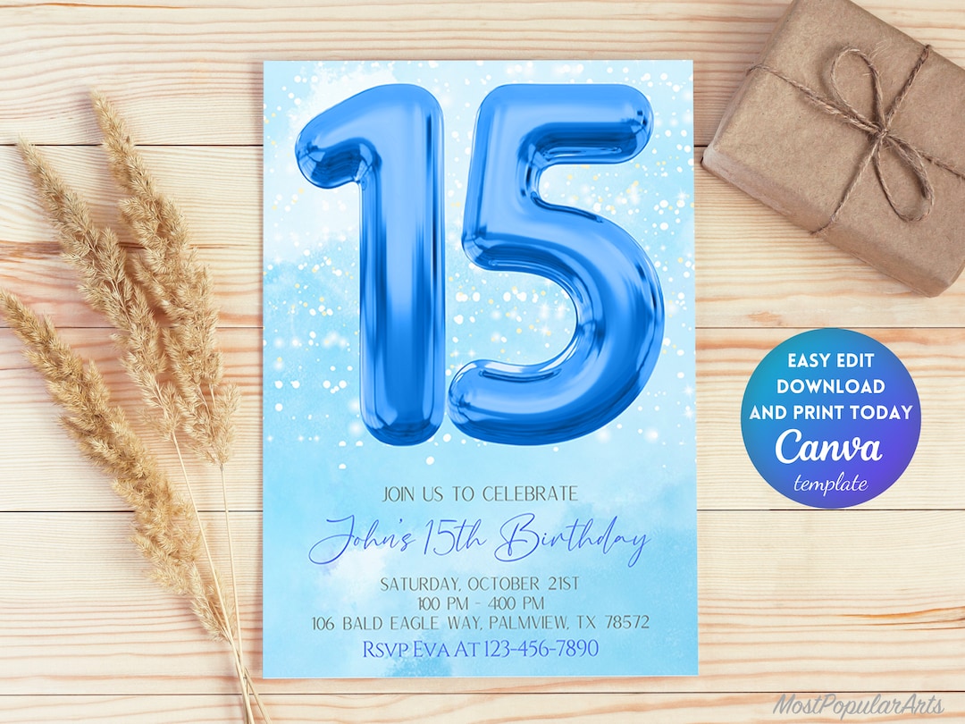 Editable Blue 15th Birthday Invitation Template, Glitter Birthday Party ...