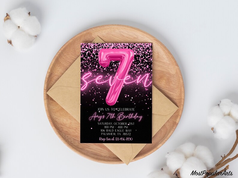Editable Pink 7th Birthday Invitation Template, Glitter Birthday Party ...