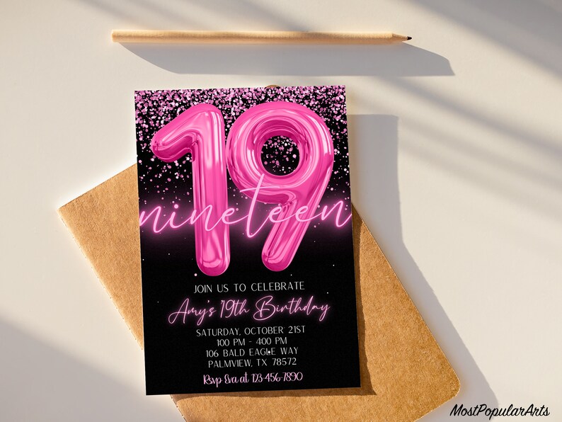 Editable Pink 19th Birthday Invitation Template Glitter - Etsy