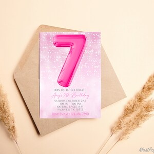 Editable Pink 7th Birthday Invitation Template, Glitter Birthday Party ...