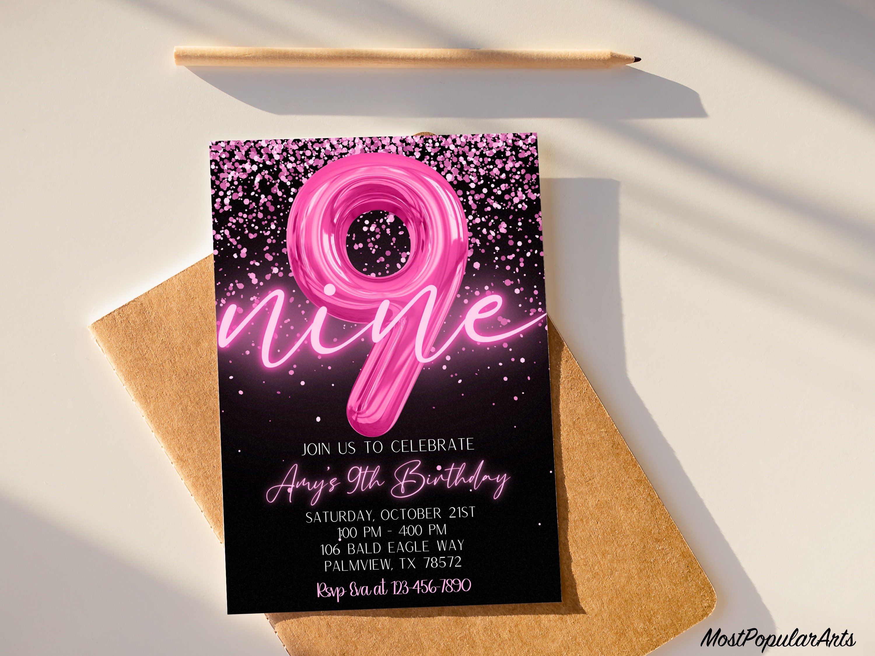 Editable Pink 9th Birthday Invitation Template, Glitter Birthday Party ...