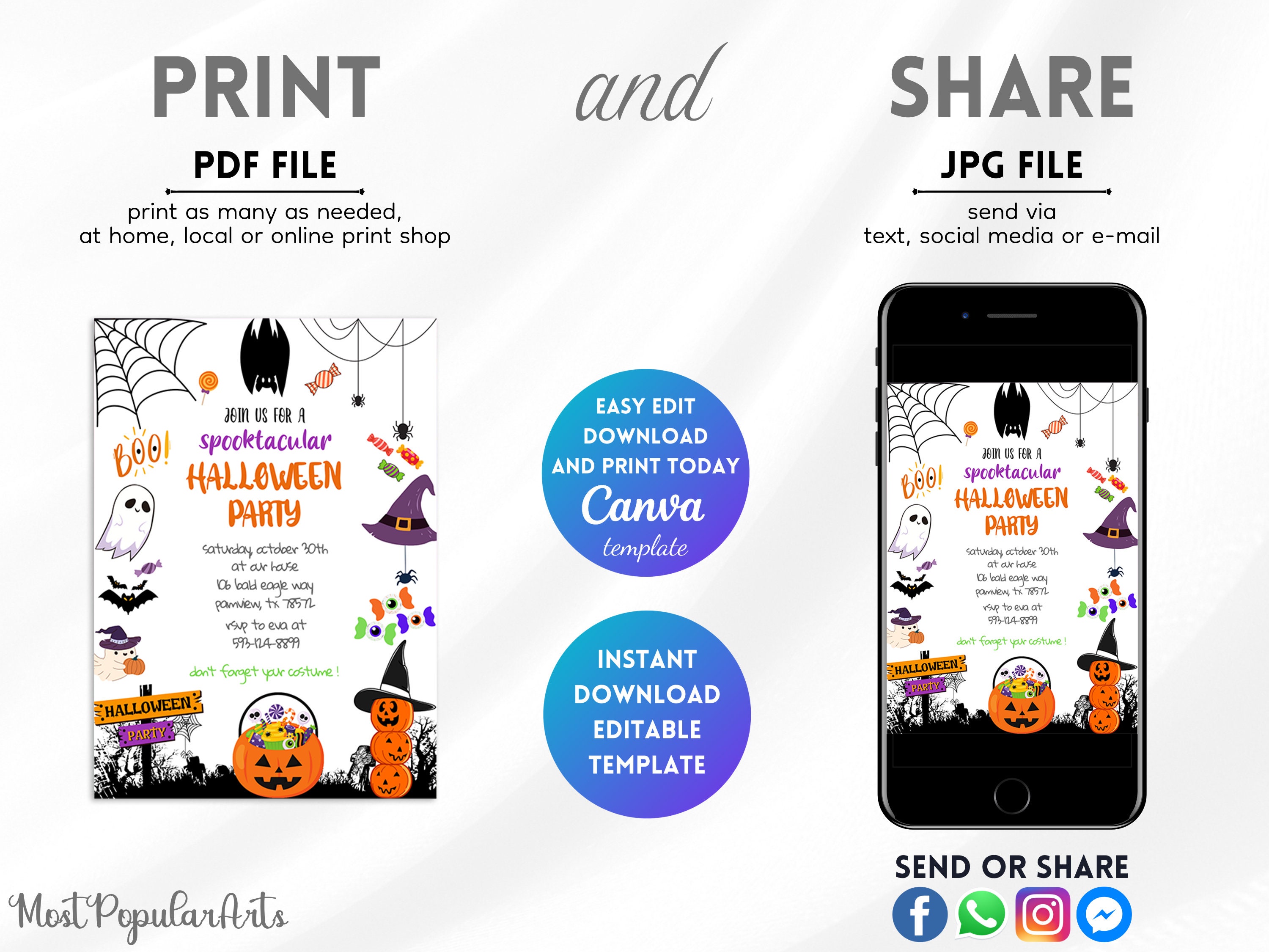 Editable Halloween Party Invitation Template, Halloween Dinner Invite, Colorful Halloween ...
