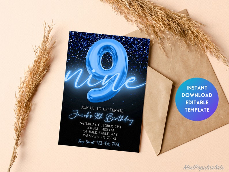 Editable Blue 9th Birthday Invitation Template Glitter - Etsy