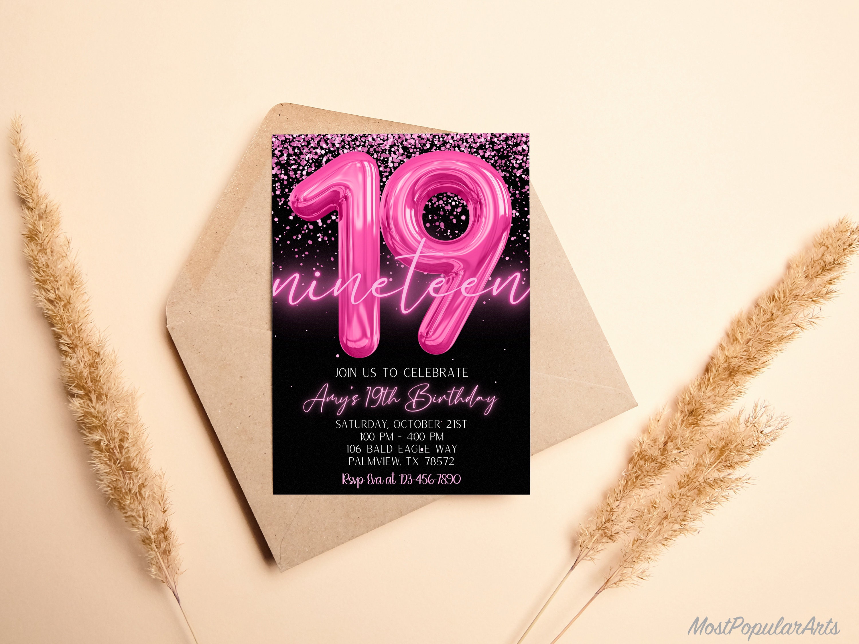 Editable Pink 19th Birthday Invitation Template Glitter - Etsy