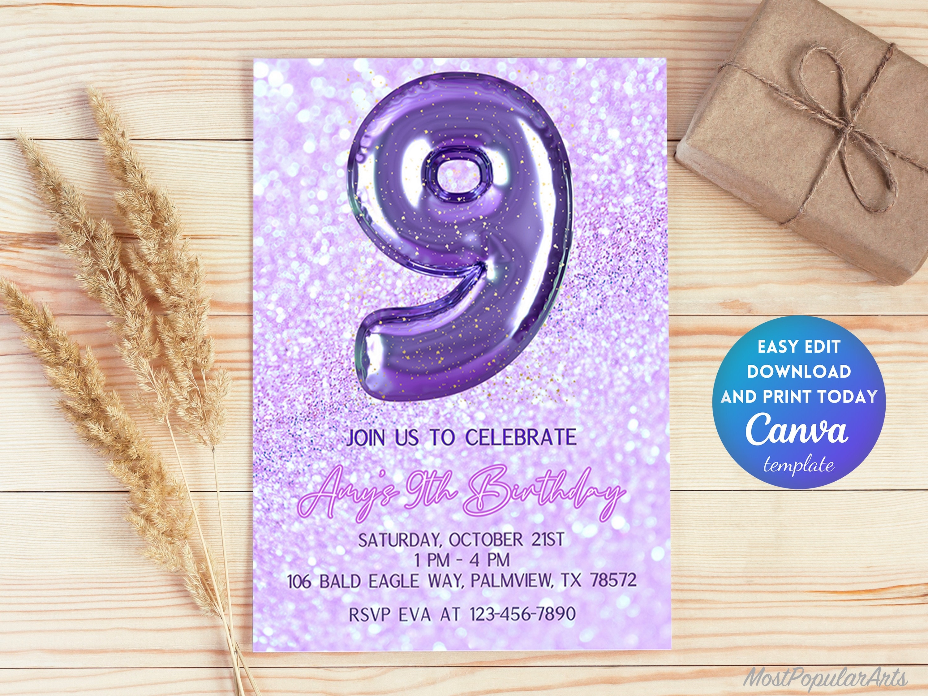 Editable Purple 9th Birthday Invitation Template, Glitter Birthday ...