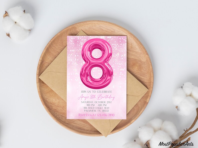 Editable Pink 8th Birthday Invitation Template, Glitter Birthday Party ...