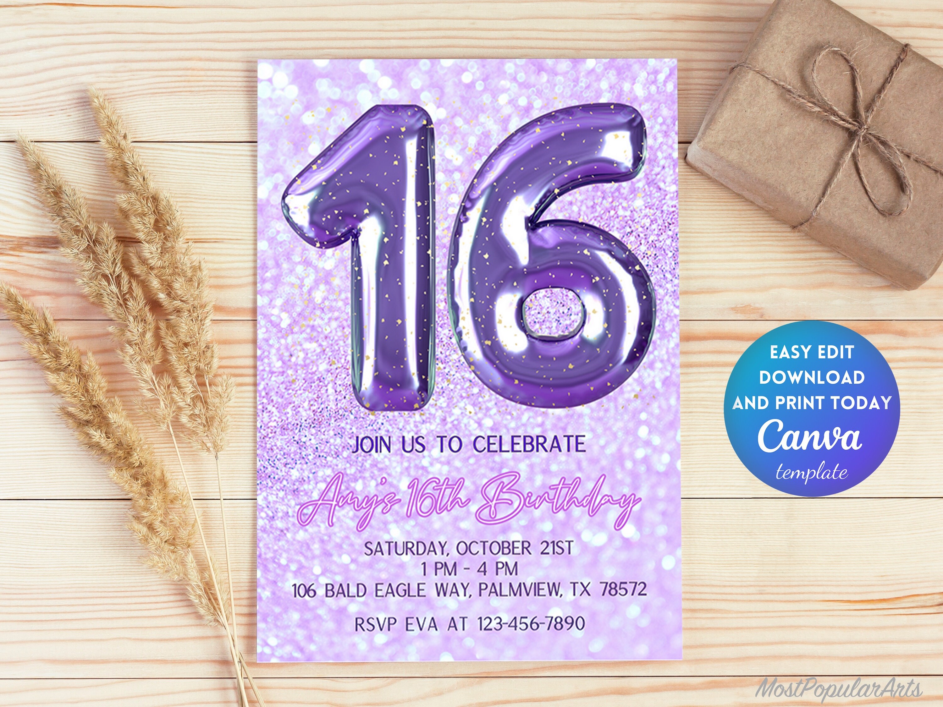 Editable Purple 16th Birthday Invitation Template, Glitter Birthday ...