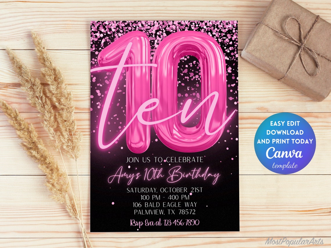 Editable Pink 10th Birthday Invitation Template, Glitter Birthday Party ...