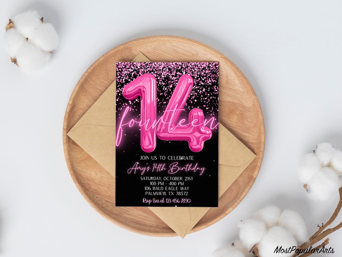 Editable Pink 14th Birthday Invitation Template, Glitter Birthday Party ...
