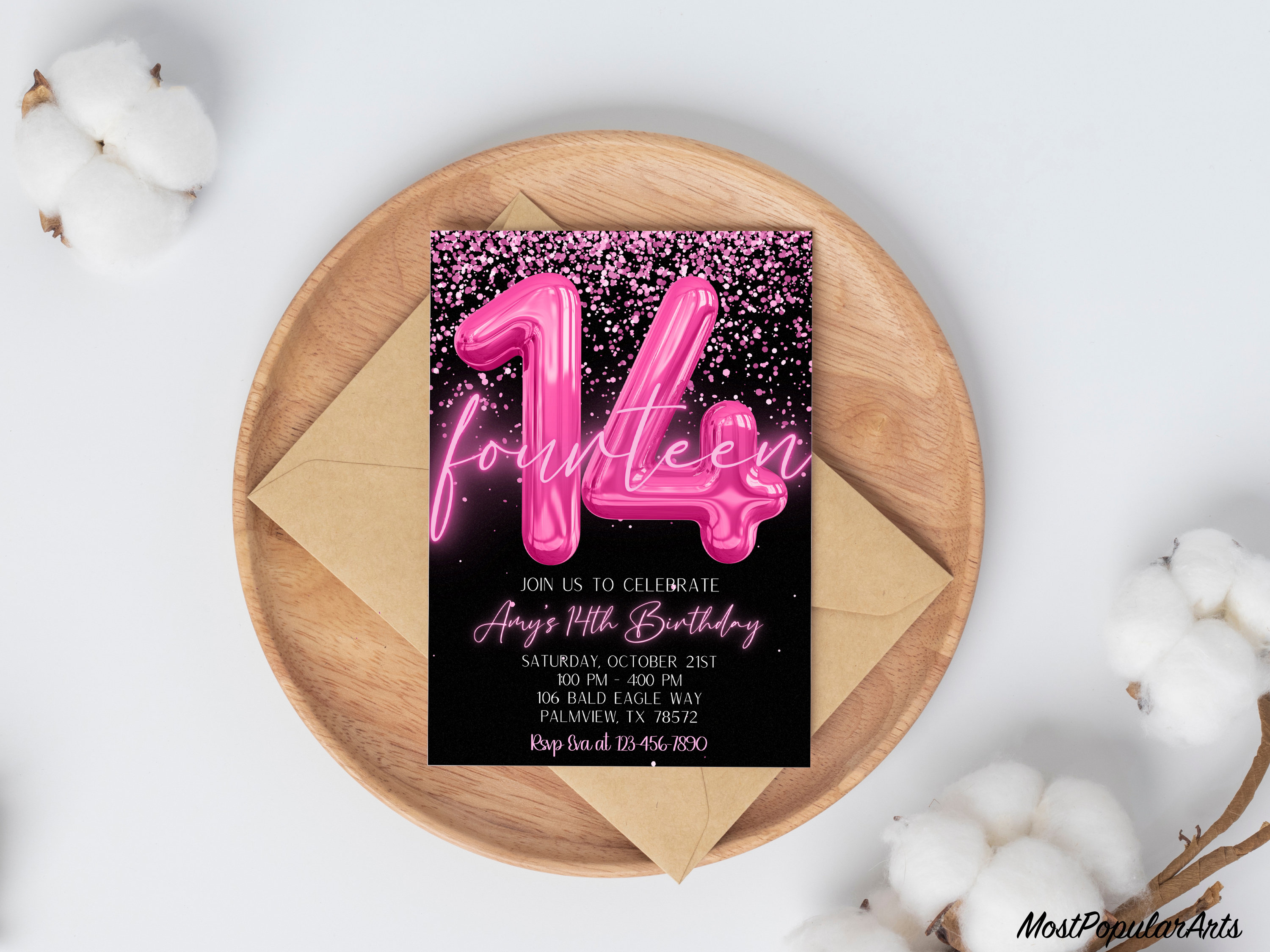 Editable Pink 14th Birthday Invitation Template, Glitter Birthday Party ...