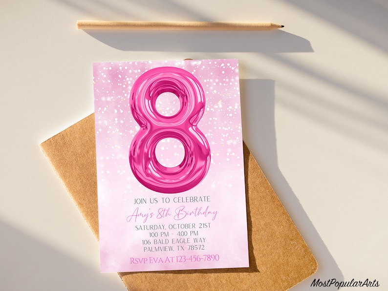 Editable Pink 8th Birthday Invitation Template, Glitter Birthday Party ...
