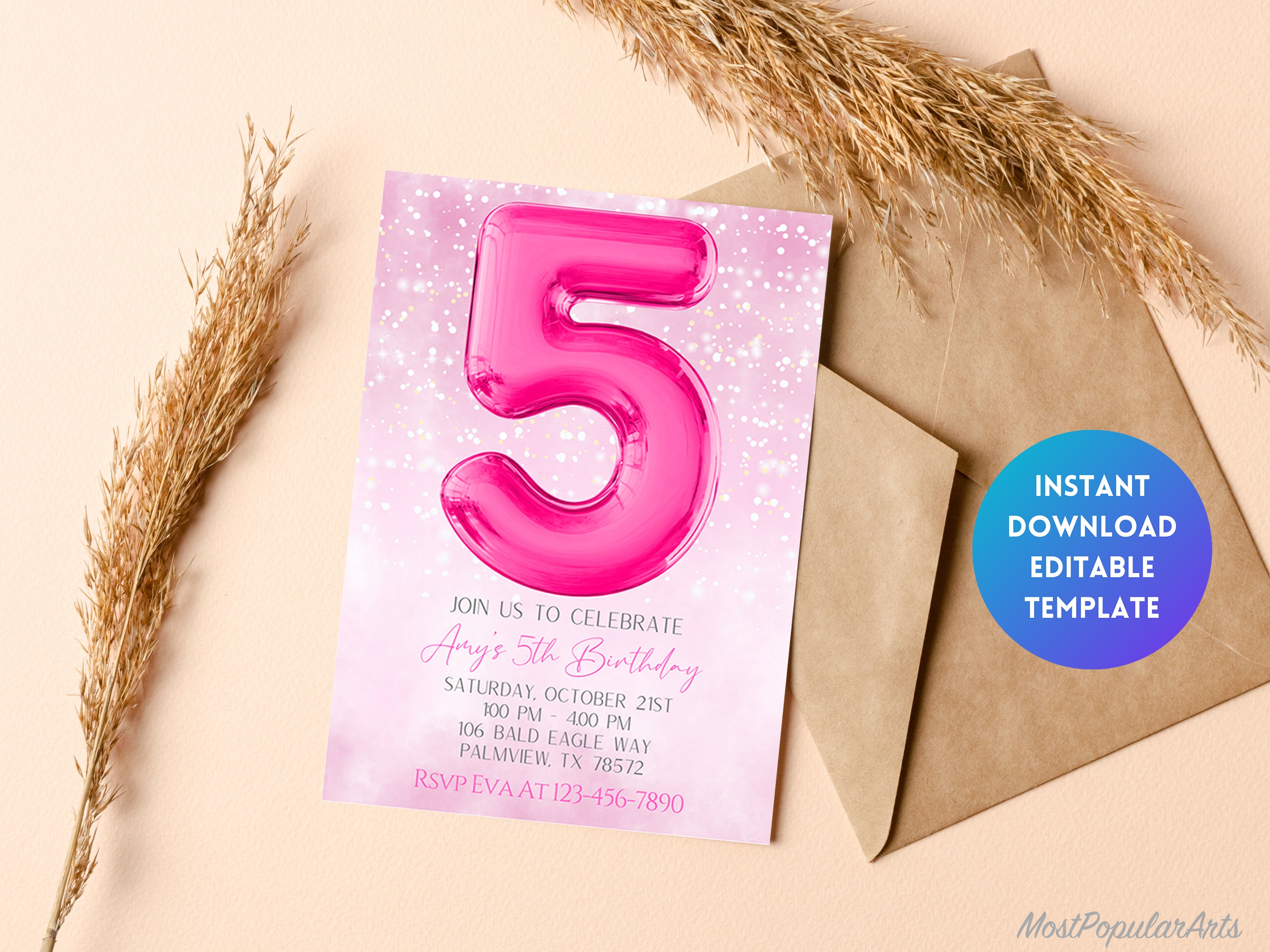 Editable Pink 5th Birthday Invitation Template, Glitter Birthday Party ...