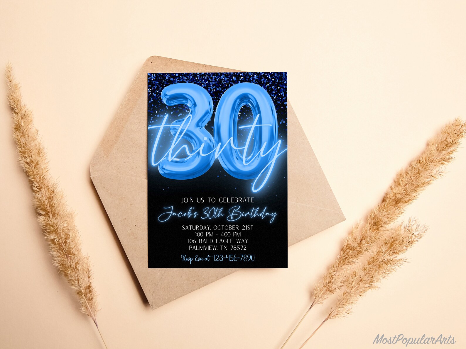 Editable Blue 30th Birthday Invitation Template, Glitter Birthday Party ...