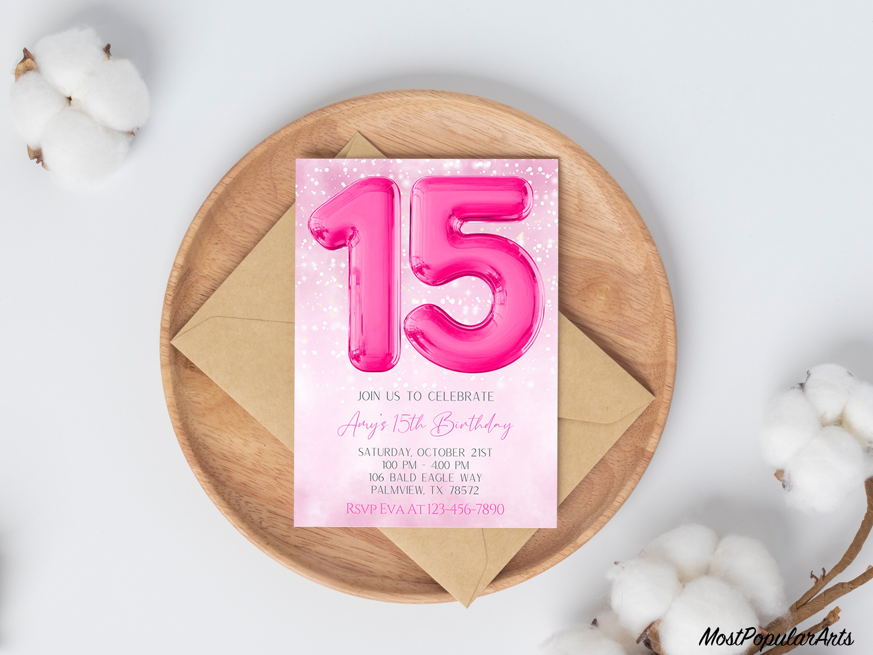 Editable Pink 15th Birthday Invitation Template, Glitter Birthday Party Invite, Rainbow Foil ...