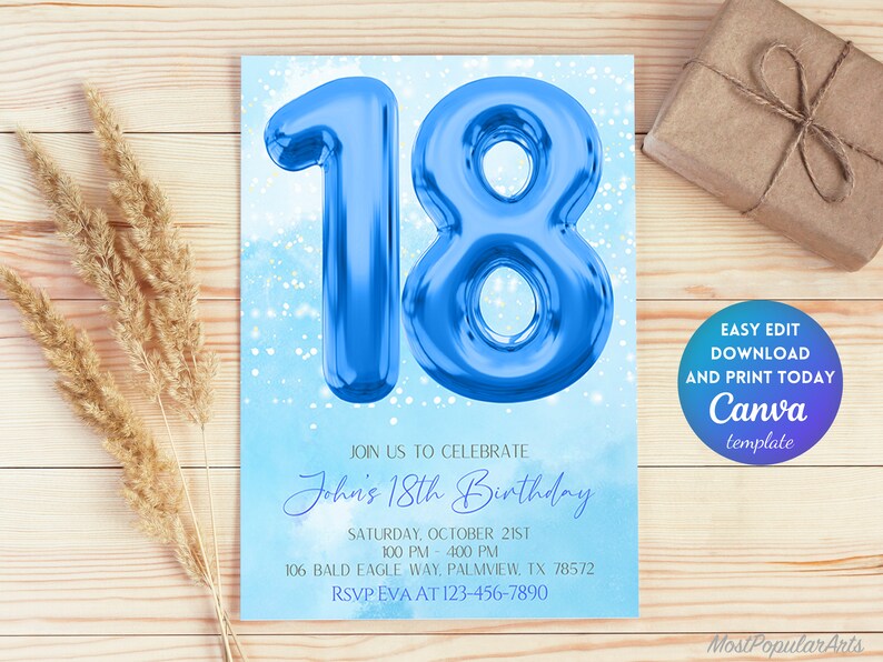 Editable Blue 18th Birthday Invitation Template, Glitter Birthday Party ...