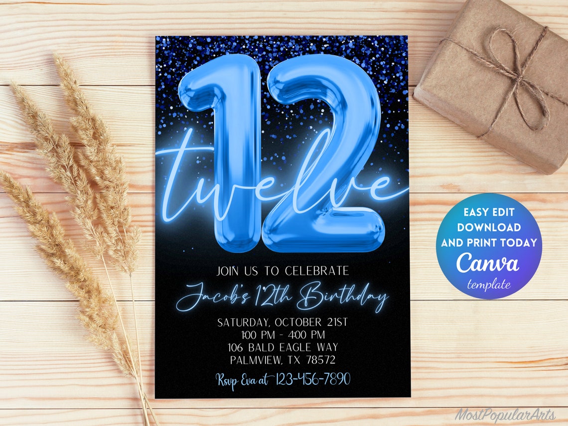 Editable Blue 12th Birthday Invitation Template, Glitter Birthday Party ...