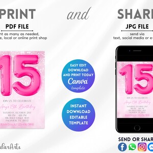 Editable Pink 15th Birthday Invitation Template, Glitter Birthday Party Invite, Rainbow Foil ...