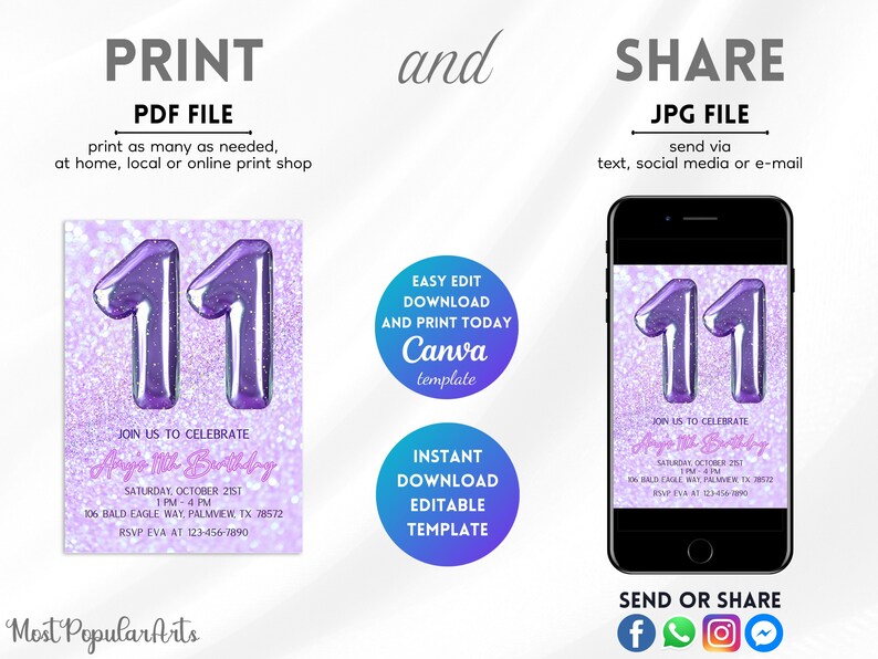 Editable Purple 11th Birthday Invitation Template Glitter Birthday