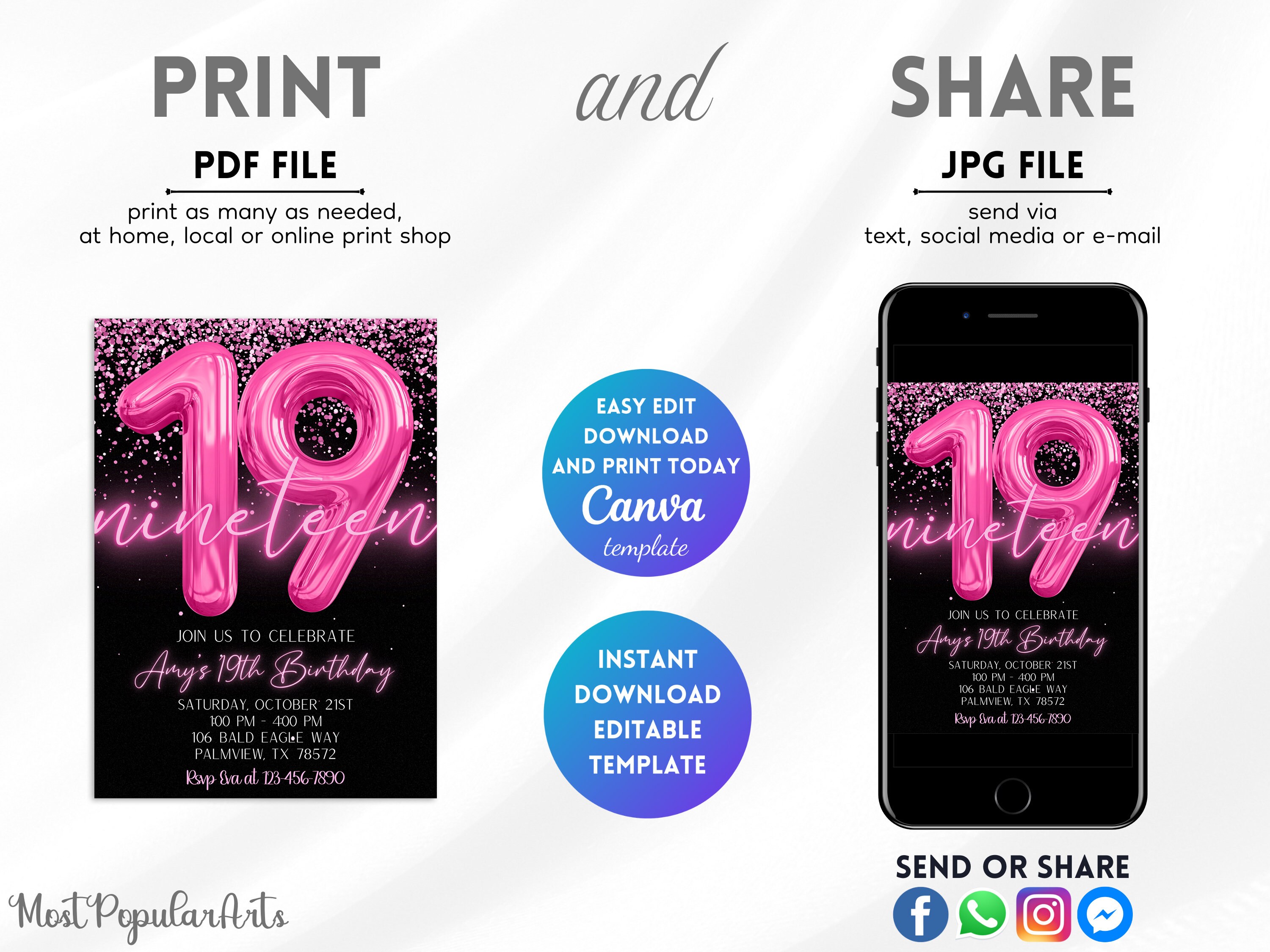 Editable Pink 19th Birthday Invitation Template Glitter - Etsy