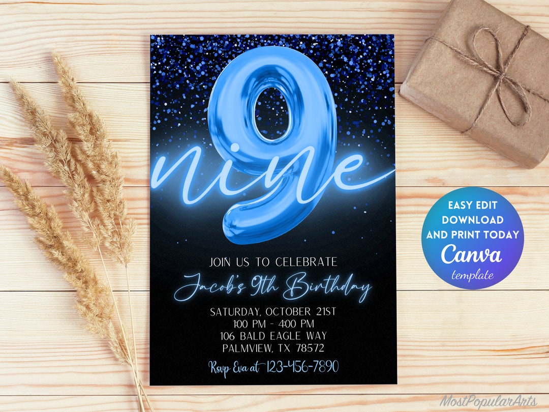 Editable Blue 9th Birthday Invitation Template, Glitter Birthday Party ...