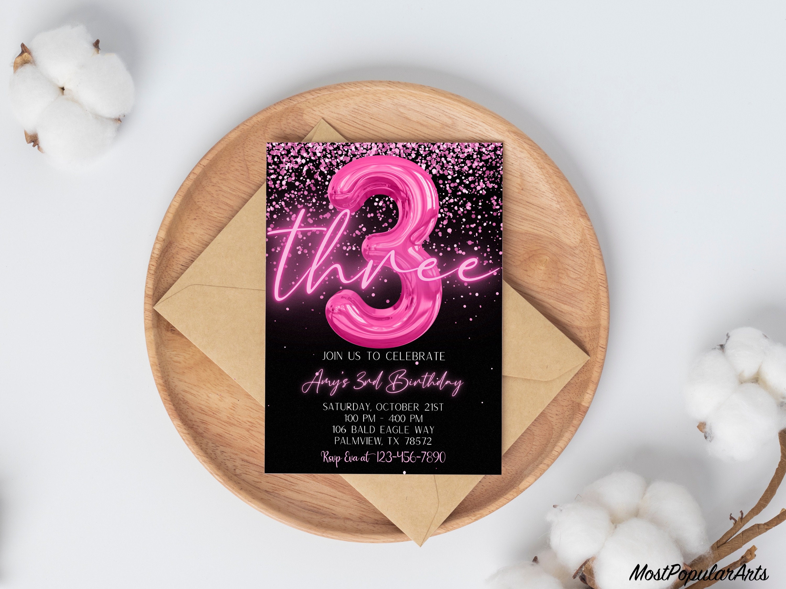 Editable Pink 3rd Birthday Invitation Template Glitter - Etsy