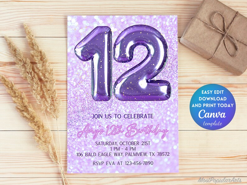 Editable Purple 12th Birthday Invitation Template Glitter - Etsy