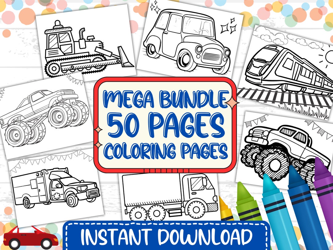 50 Kids Coloring Pages Mega Bundle, Vehicle Printable, Kids Games, Kids ...