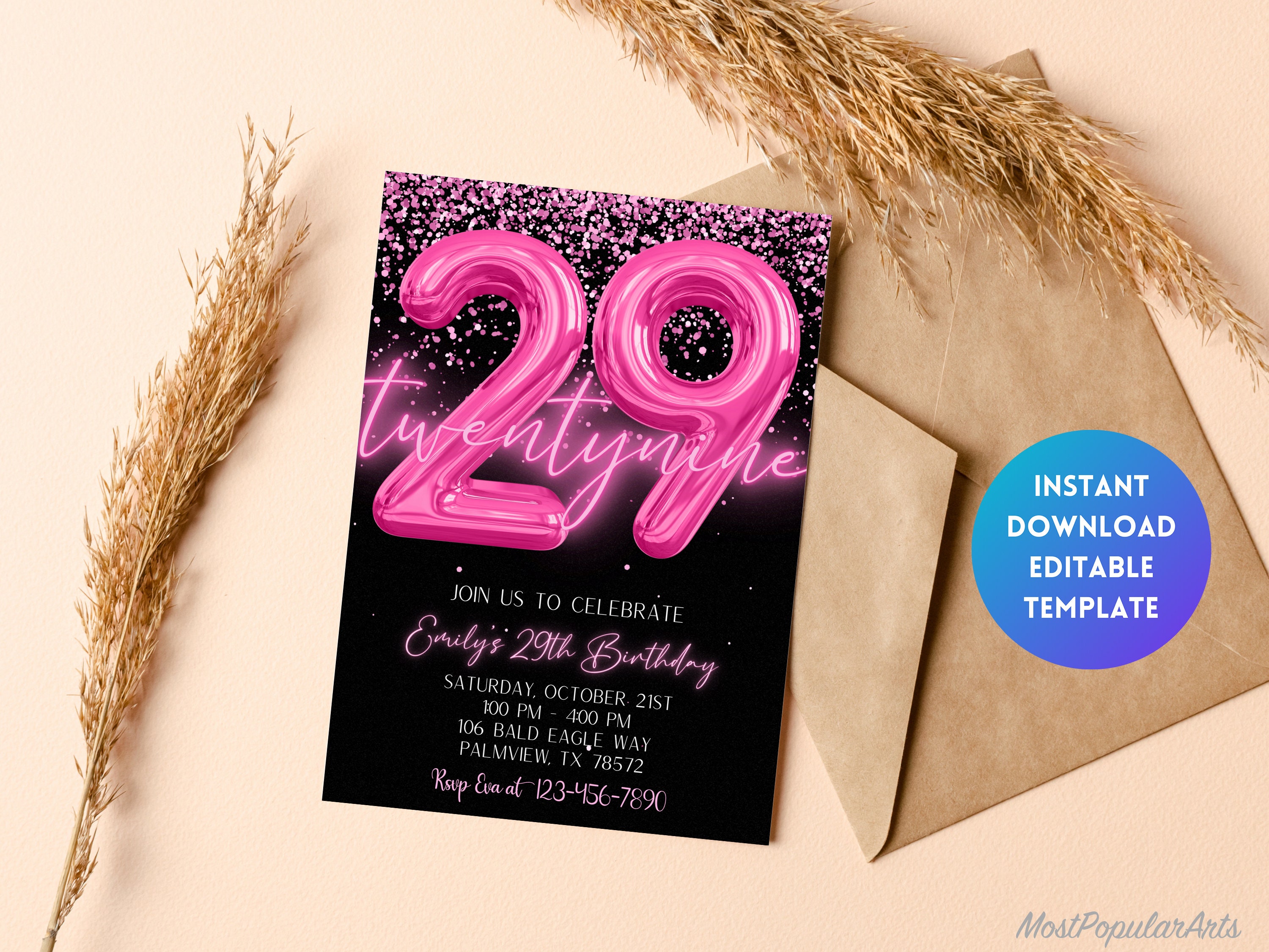 Editable Pink 29th Birthday Invitation Template, Glitter Birthday Party ...