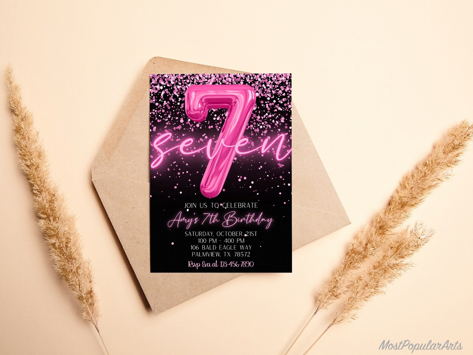 Editable Pink 7th Birthday Invitation Template, Glitter Birthday Party ...